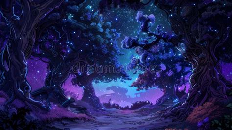 Enchanted Forest With Glowing Branches Lighting Up The Night Stock