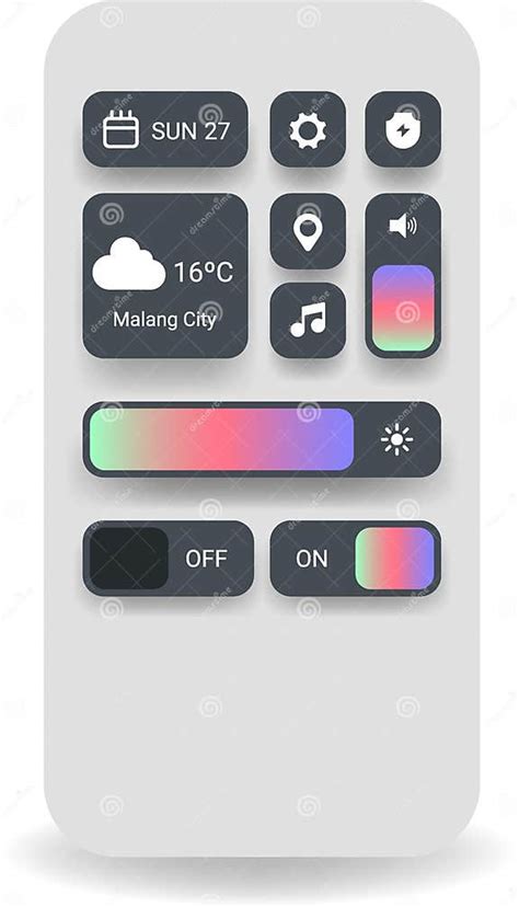 control center user interface template with modern gradient sliders and weather widget stock