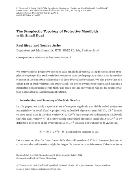 Pdf The Symplectic Topology Of Projective Manifolds With Small Dual Yochay Jerby