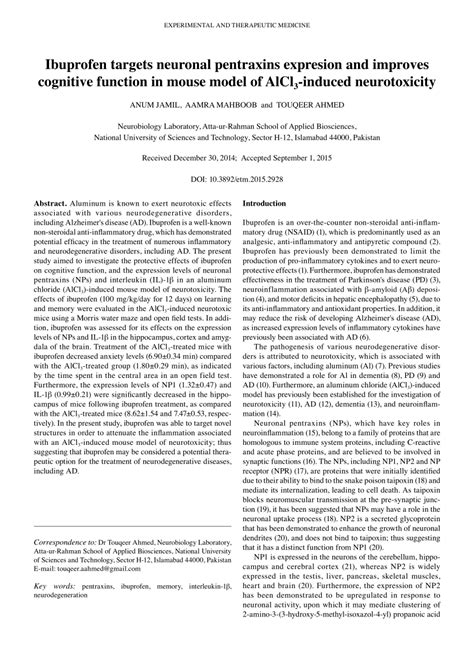 PDF Ibuprofen Targets Neuronal Pentraxins Expresion And Improves