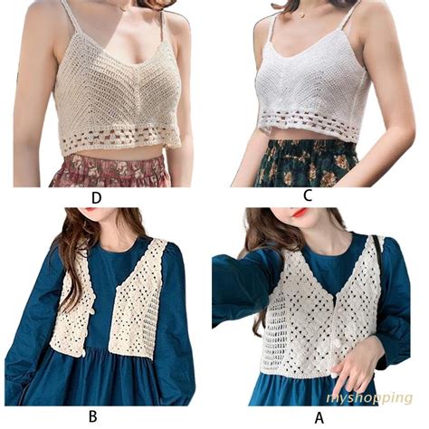 Ivy Women Boho Crochet Sleeveless Crop Top Vest V Neck Buttons Hollow