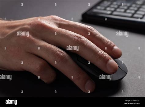 Hand Using Computer Mouse Clicking Pointer Pc Peripheral Close Up