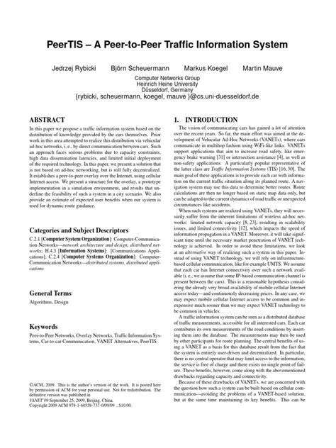 Peertis A Peer To Peer Traffic Information System Pdf Peer To Peer Computer Network