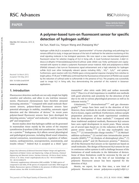 Pdf A Polymer‒based Turn On Fluorescent Sensor For Specific Detection Of Hydrogen Sulfide
