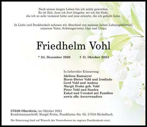 Traueranzeigen Von Friedhelm Vohl Rz Trauerde