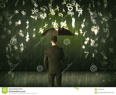 Businessman Standing With Umbrella And 3d Numbers Raining Concept Stock