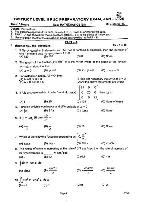 Karnataka 2nd Puc Maths Preparatory Question Paper 2026 Pdf Aglasem