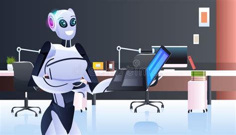 Modern Robot Using Laptop Robotic Character Working In Office