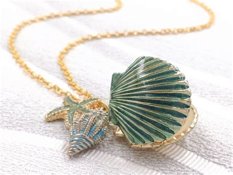 Seashell Locket Necklace Gold Sea Shell Pendant Necklace Etsy