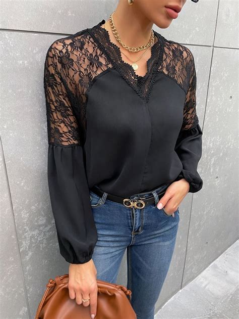 Contrast Lace Lantern Sleeve Top Lantern Sleeve Top Women Fash Lace