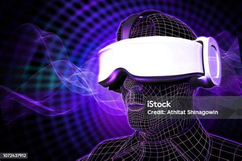 3d 렌더링 백그라운드 디지털 그리드 공간 미래 개념에 대 한 와이어 프레임 시뮬레이션 남자 착용 Virual 현실 헤드셋 과학에 대한 스톡 사진 및 기타 이미지 Istock