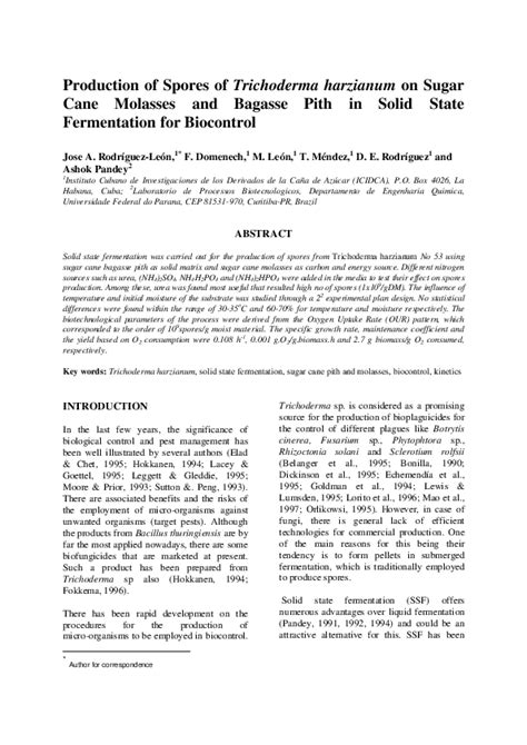 Pdf Production Of Spores Of Trichoderma Harzianum On Sugar Cane Molasses And Bagasse Pith In