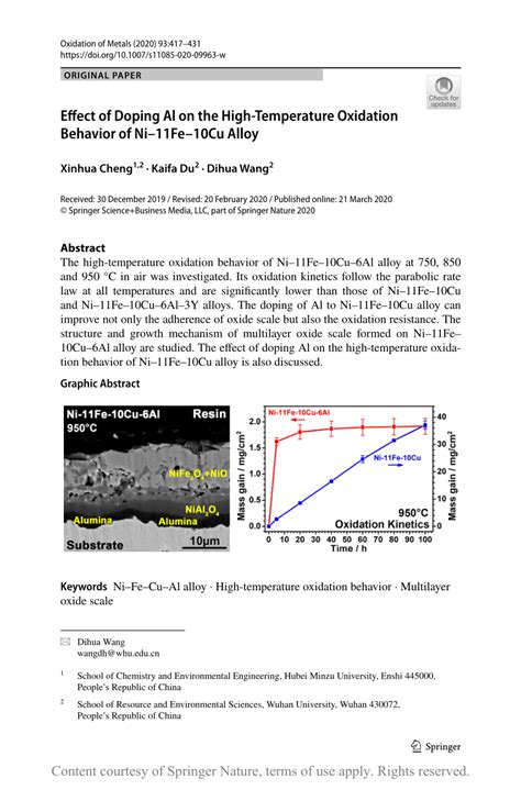 Effect Of Doping Al On The High Temperature Oxidation Behavior Of Ni 11fe 10cu Alloy Request Pdf