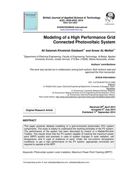Pdf Modeling Of A High Performance Grid Connected Photovoltaic System