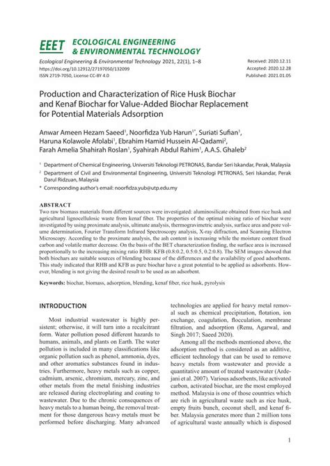Pdf Production And Characterization Of Rice Husk Biochar And