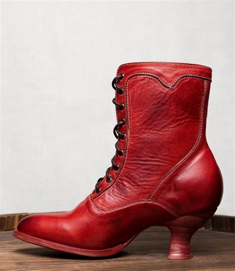 Victorian Style Leather Ankle Boots In Red Rustic Ayakkabı Bot