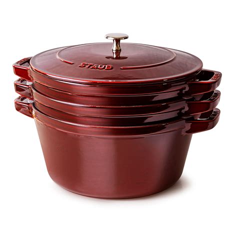 Staub Stackable Cast Iron Cookware Set 4 Piece Grenadine Cutlery