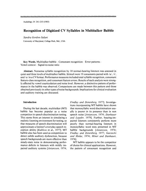 Pdf Recognition Of Digitized Cv Syllables In Multitalker Babble