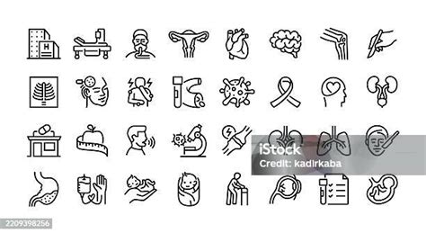 병원 부서 라인 아이콘 세트입니다 개체 그룹입니다 병원 의사 간호사 중환자실 환자 구급차 간호사에 대한 스톡 벡터 아트 및 기타 이미지 Istock