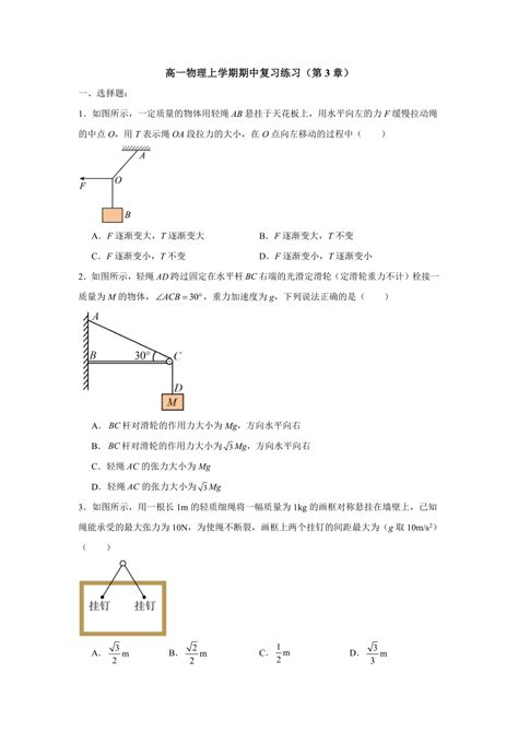 高一物理上学期期中复习 第三章 相互作用——力 练习（含答案） 21世纪教育网