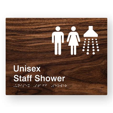 Unisex Staff Shower Braille Sign In Dark Woodgrain Tactile Printed