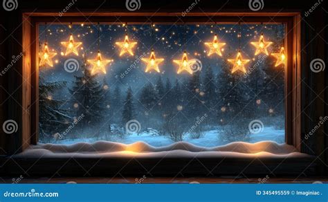 Snowy Winter Night View Through Window With Star Shaped Lights Stock