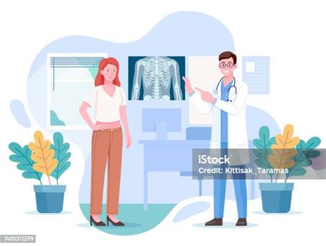 병원에서 여성 환자와 함께 엑스레이 흉부 필름을 보는 의사 벡터 플랫 일러스트레이션 의학 개념의 방사선학 및 신체 스캔 X