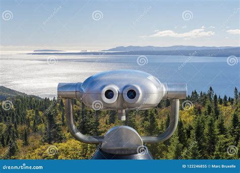 Public Binoculars In Front Of A View Over The Forillon Park Stock Image