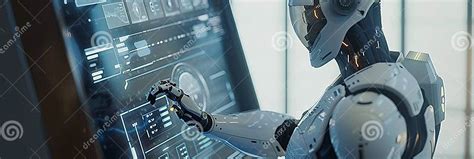 A Futuristic Humanoid Robot Interacts With A Large Touchscreen Interface Displaying Various Ai