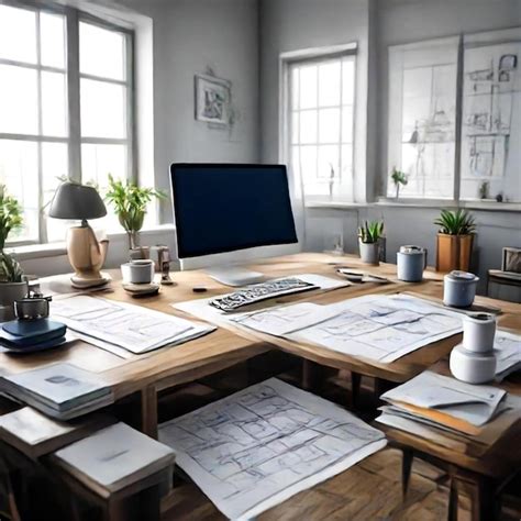 a table with a computer monitor and a keyboard on it premium ai