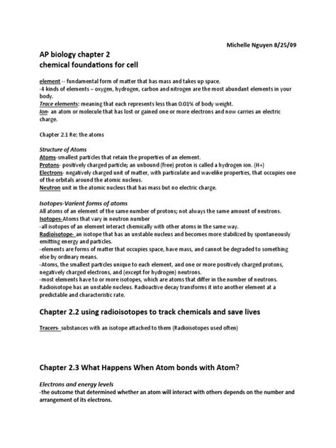 Ap Biology Chapter 2 Chemical Foundations For Cell Pdf Chemical