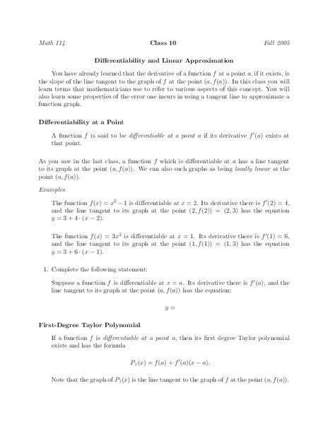Differentiability And Linear Approximation Worksheet For Higher Ed