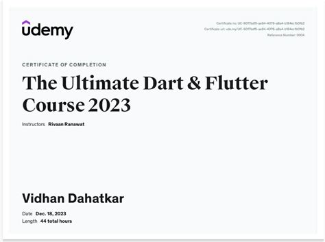 completed flutter development course on udemy vidhan dahatkar posted