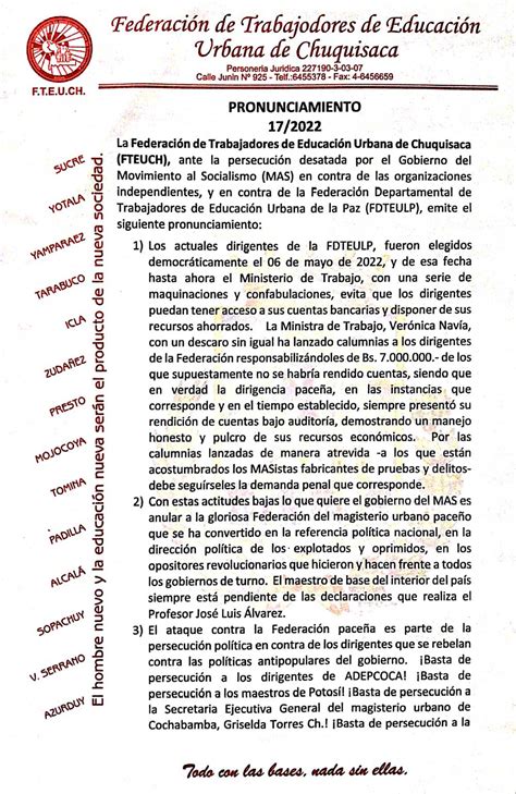 Magisterio de Chuquisaca apoya a la Federación paceña perseguida por el