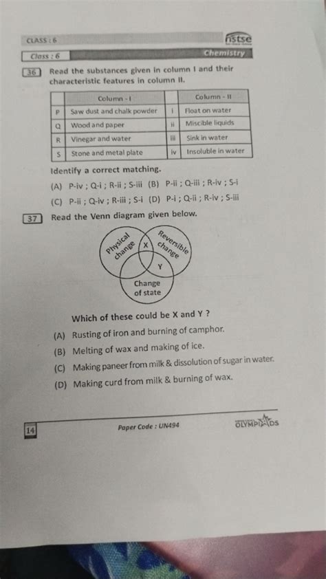 Class 6istseclass 6chemistry 36 Read The Substances Given In Colum