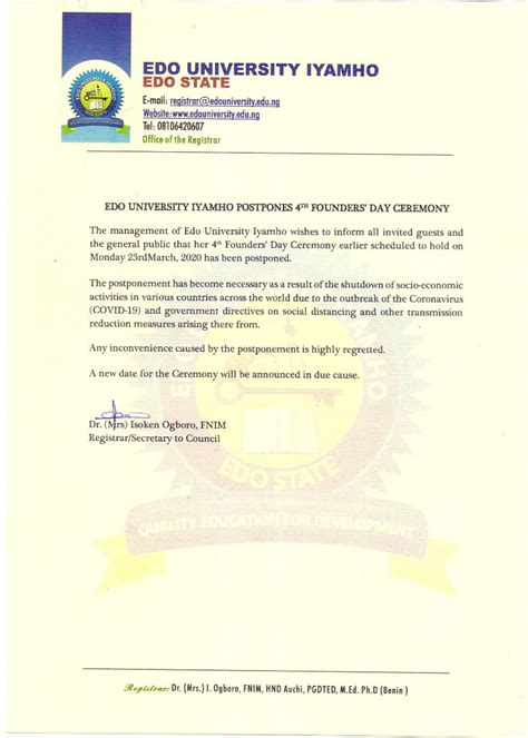 Edo State University Iyamho Postponement Of Edo University Iyamho 4th Founders Day Ceremony