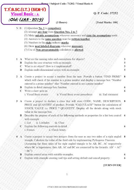 University Of Mumbai T Y B Sc I T Sem V Visual Basic Old Old Question Papers Jan