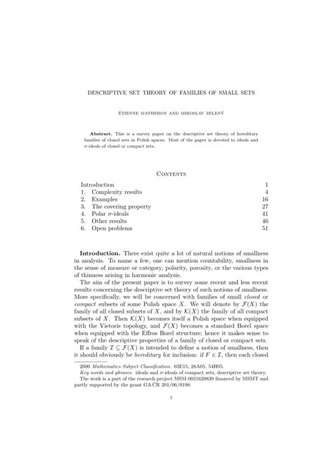 Pdf Descriptive Set Theory Of Families Of Small Sets
