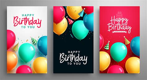 생일 축하 포스터 세트 벡터 디자인 풍선과 색종이 요소가 있는 생일 인사말 텍스트 모음 생일에 대한 스톡 벡터 아트 및 기타