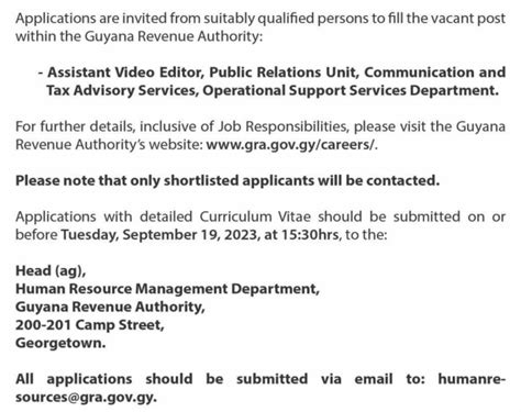 Guyana Revenue Authority Assistant Video Editor Job Listing Guyana