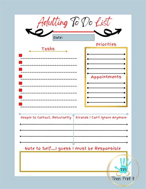 To Do List Printable Adulting To Do List Daily Checklist Planner Productivity Planner