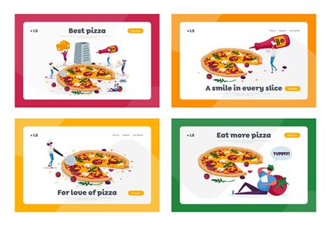 거대한 피자 랜딩 페이지 템플릿 세트를 먹는 작은 사람들 칼로 잘라 캐릭터 케첩이나 치즈를 넣어 이탈리아 피자의 조각을 가져
