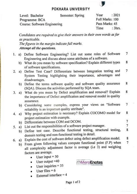 Pokhara University Pu Bca Software Engineering Question Paper 5th Semester Mero Enotes