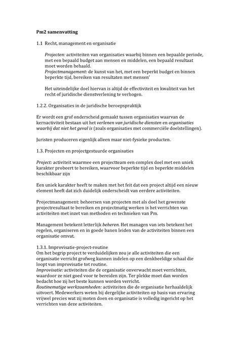 Bondige Samenvatting Projectmanagement Hoofdstuk T M Pm Samenvatting Recht