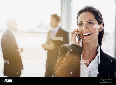 Happy Woman Business And Phone Call In Office Lobby For Online Networking Communication Or