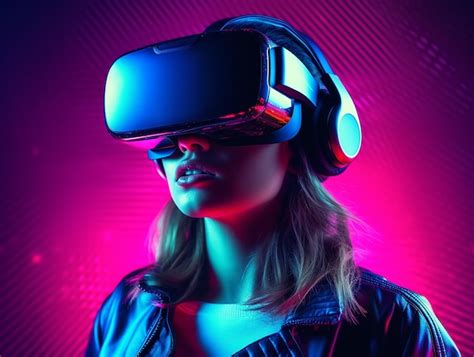 Premium Ai Image Virtual Reality Experience Woman Immersed In Neon