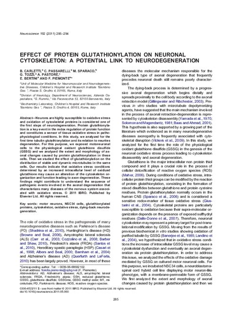 Pdf Effect Of Protein Glutathionylation On Neuronal Cytoskeleton A