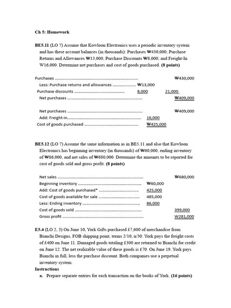 Ch 5 Homework Download Free Pdf Cost Of Goods Sold Inventory