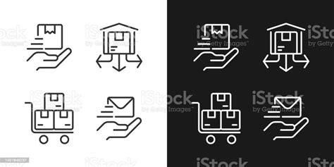 배송 서비스 픽셀 완벽한 흰색 선형 아이콘 어두운 테마 밝은 모드로 설정 개체 그룹에 대한 스톡 벡터 아트 및 기타 이미지 개체 그룹 검은색 그래픽 사용자 인터페이스