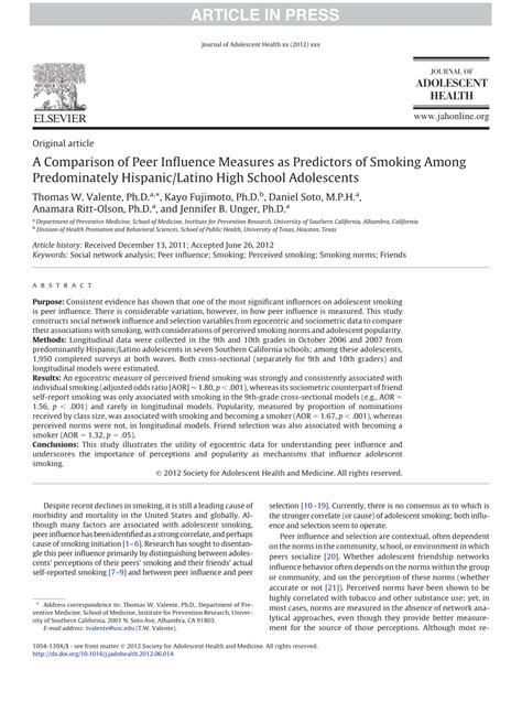 Pdf A Comparison Of Peer Influence Measures As Predictors Of Smoking Among Predominately